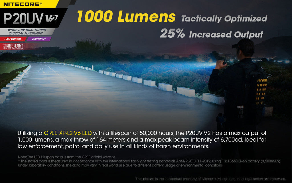 Nitecore P20UV V2 Tactical Flashlight w/ Ultraviolet Beam, 1000 Lumens ...