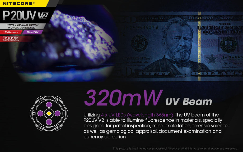 Nitecore P20UV V2 Tactical Flashlight w/ Ultraviolet Beam, 1000 Lumens ...